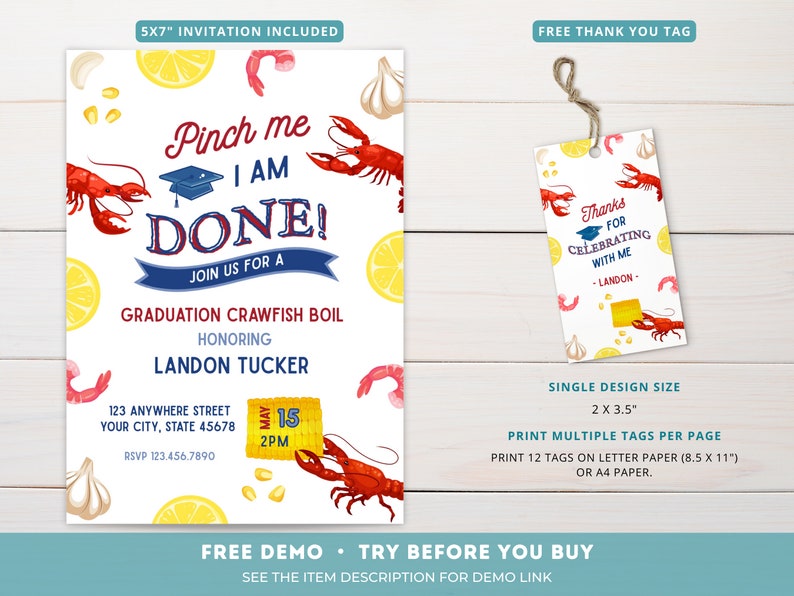 Graduation Party Invitation, Crab Boil Invite, Pinch Me I Am Done ...