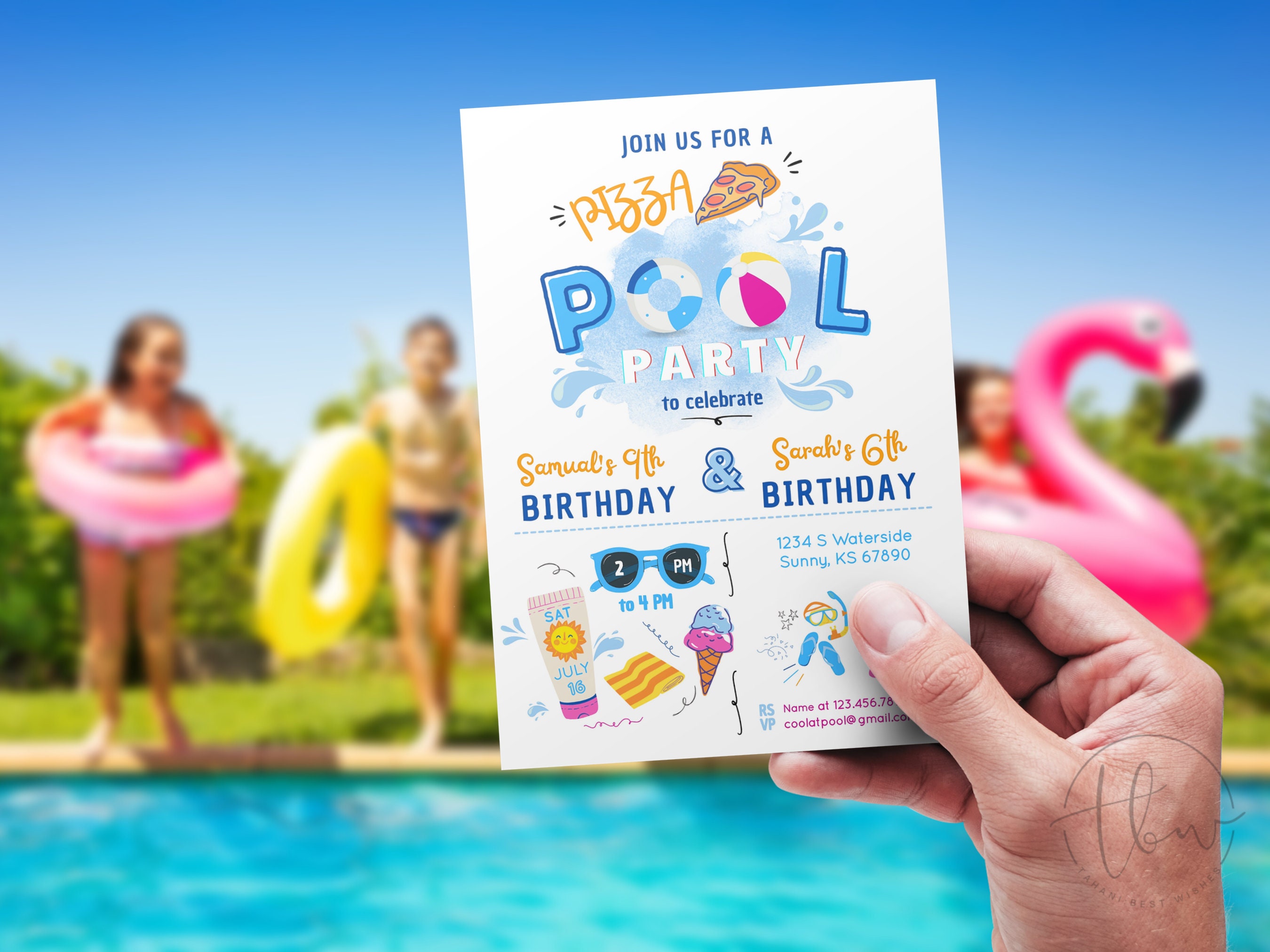 Pizza Pool Party Invitation, Joint Birthday Invite, Siblings Invitation ...