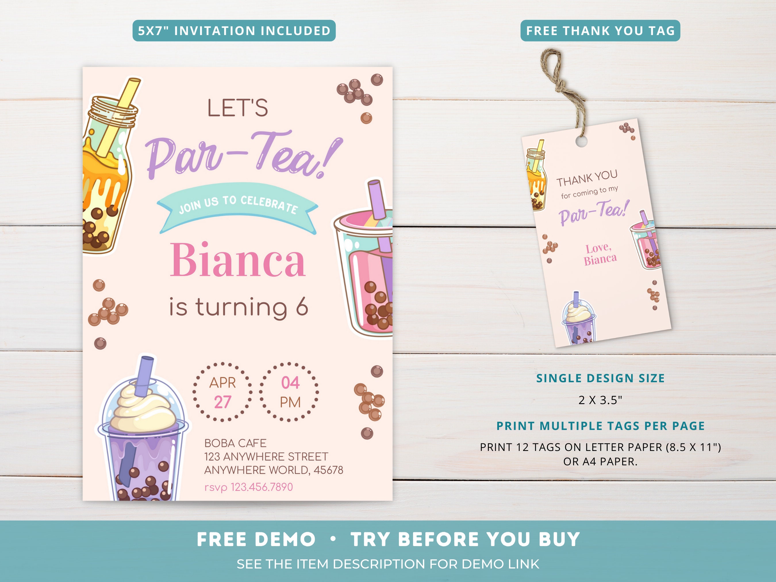 Boba Tea Party Invitation, Tea Party Birthday Invitation, Bubble Tea ...