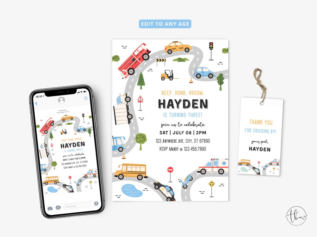 Editable Transportation Birthday Party Invitation, Trucks and Cars ...