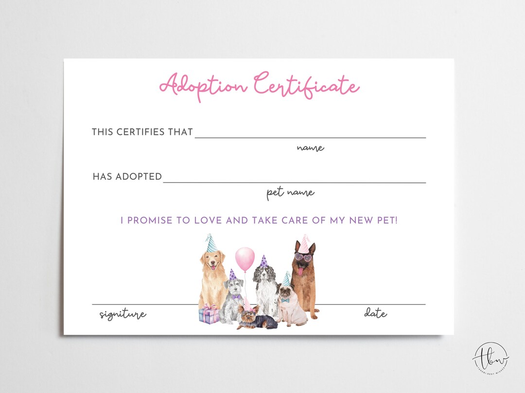 Puppy Certificate of Adoption Adopt A Dog Let's Paw-ty Girl Puppy ...