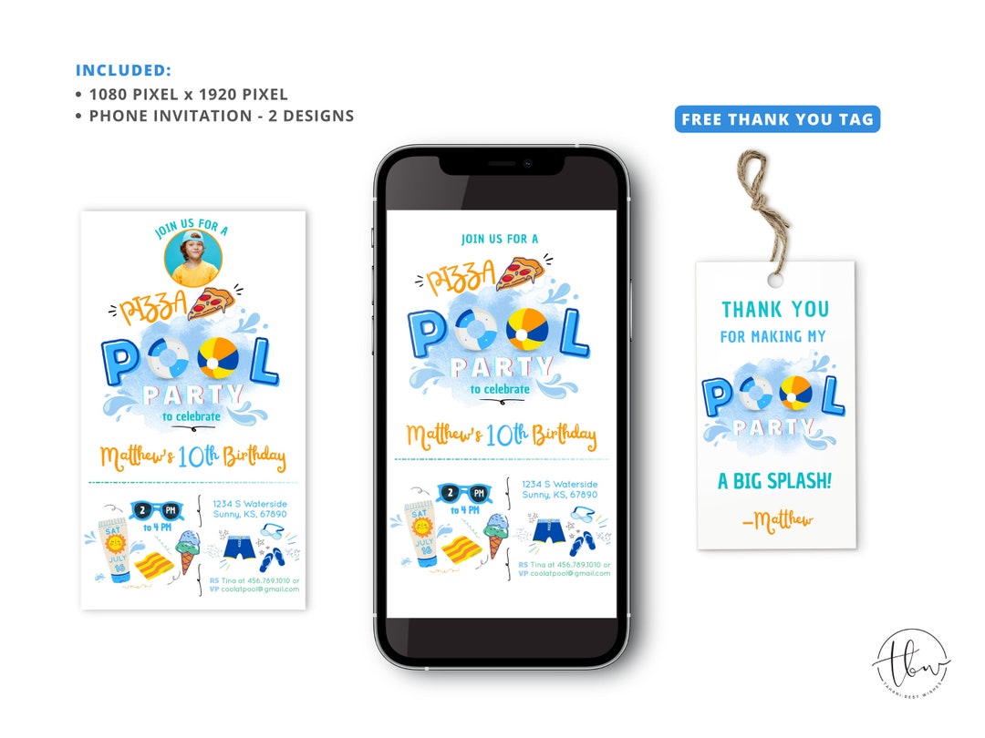 Pizza Pool Party, Pizza Party Phone Invite, Pizza and Pool Party ...