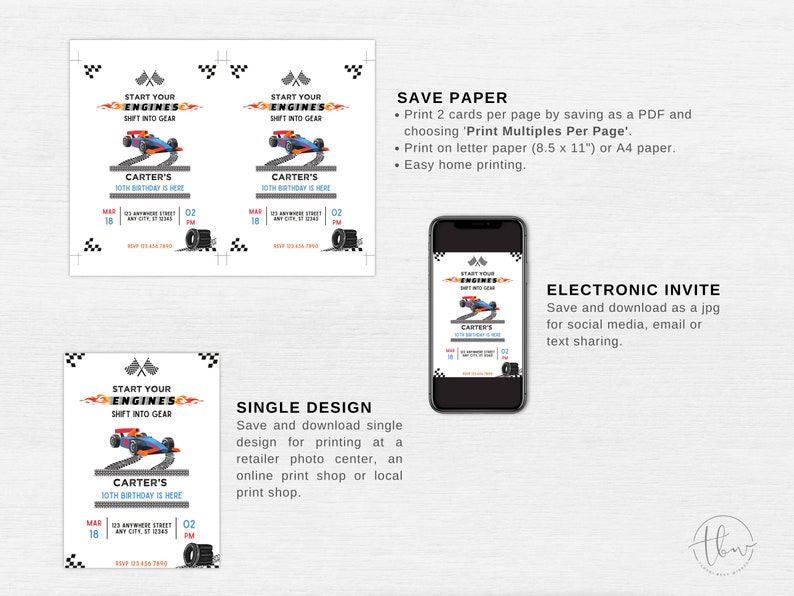 Race Car Invitation, Racing Car Invite, Race on Over, Race Car Birthday ...