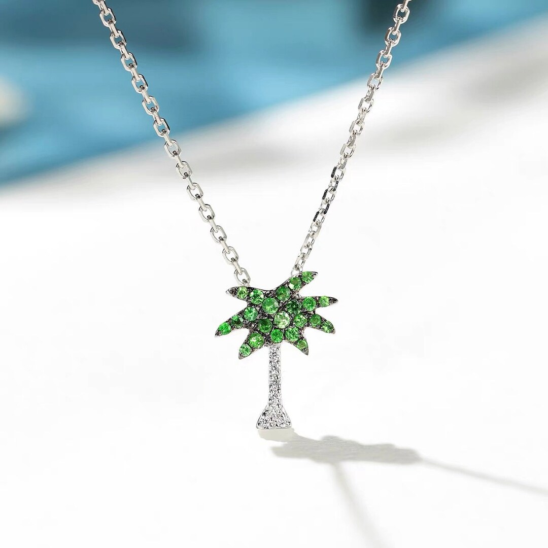 18k Solid Gold Diamond Tree Pendant Necklace Tsavorite Gemstone ...