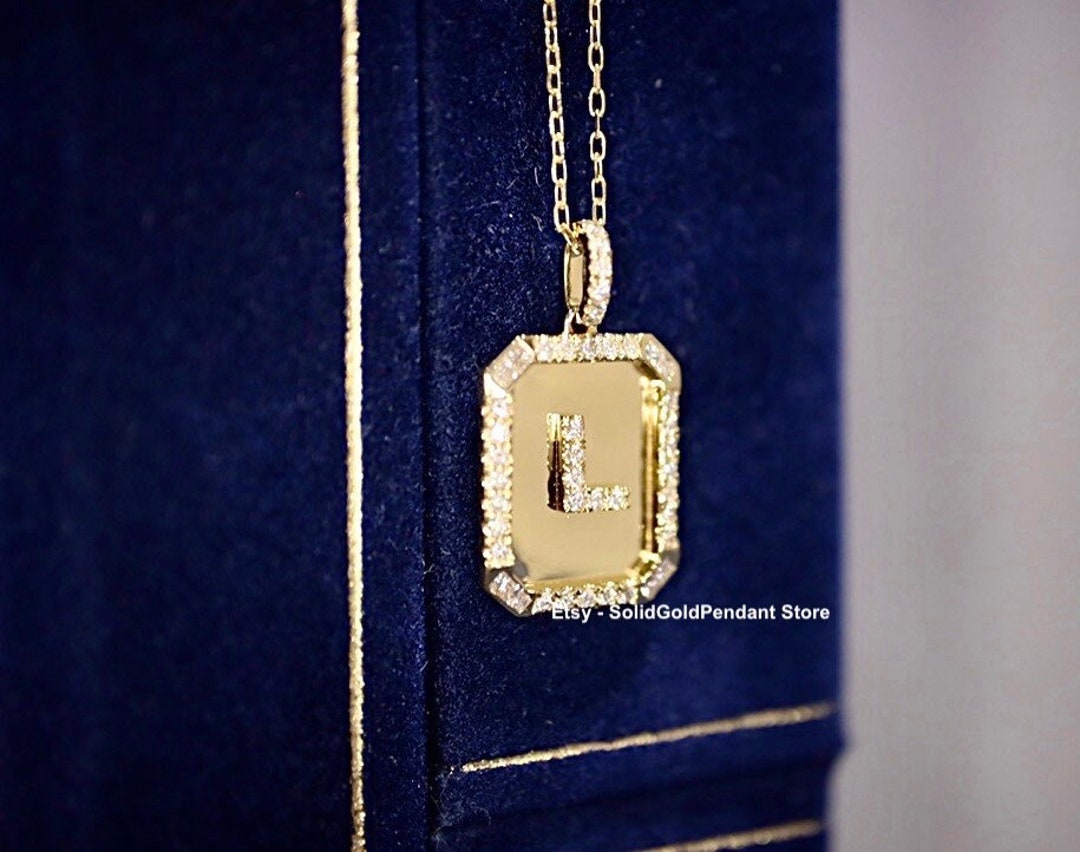 18k Solid Gold Rectangle Initial Letter Tag Diamond Pendant - Etsy