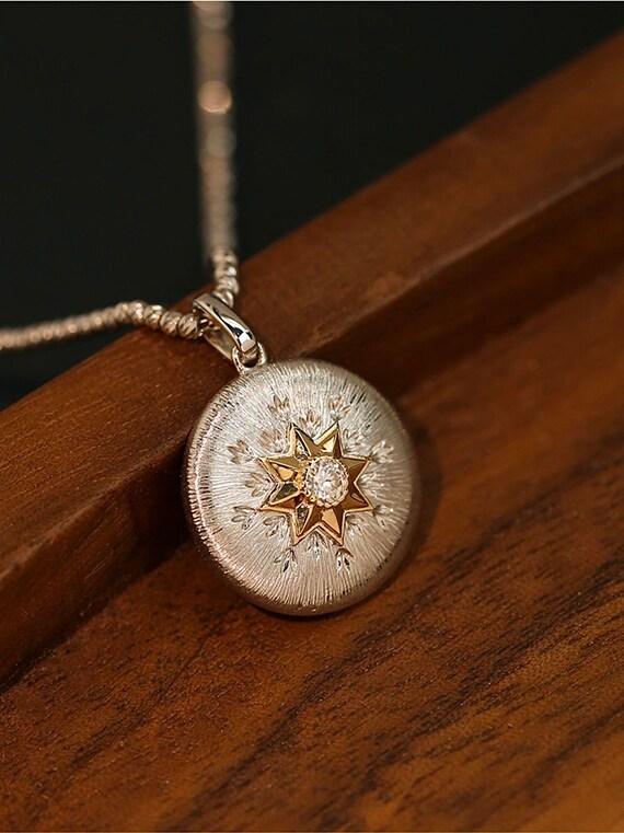 14k Solid Gold Round Star Pendant Brushed Gold Finish/ Gold - Etsy