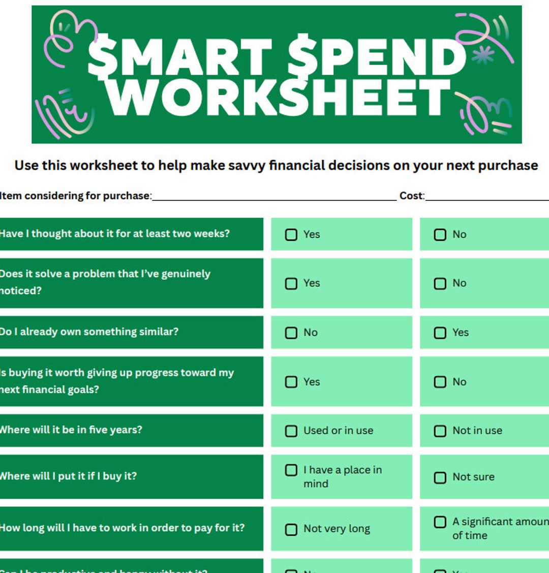Smart Spend Worksheet Digital File - Etsy
