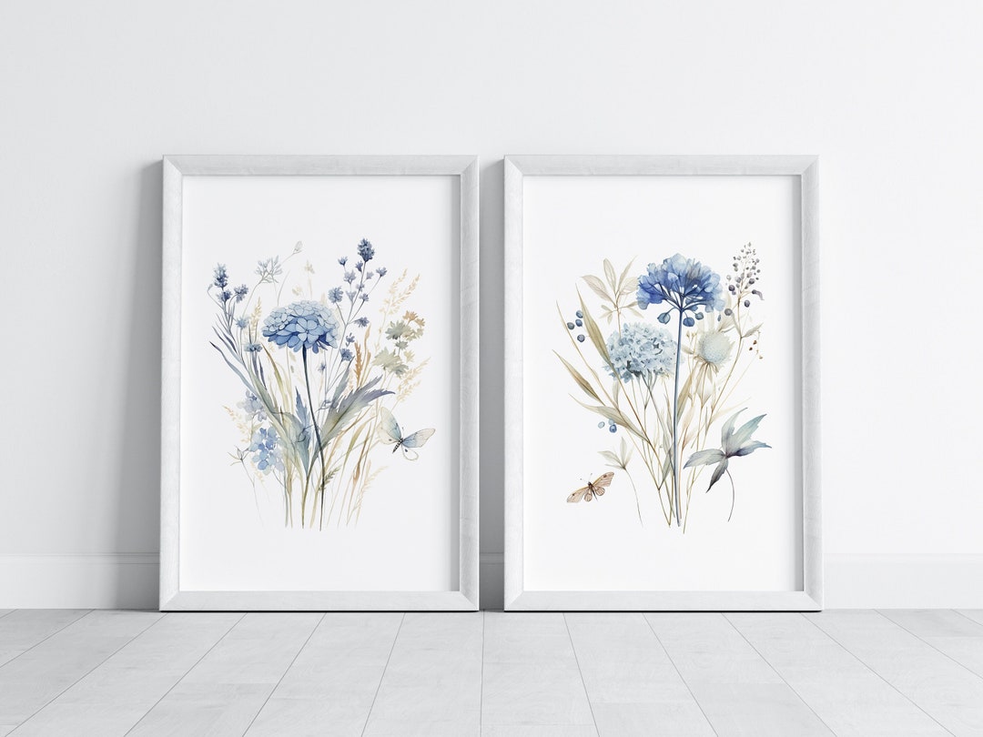 Watercolour Blue Meadow Art Prints, Set of Two, Floral Wall Art, Meadow Flower Wall Art, Meadow ...
