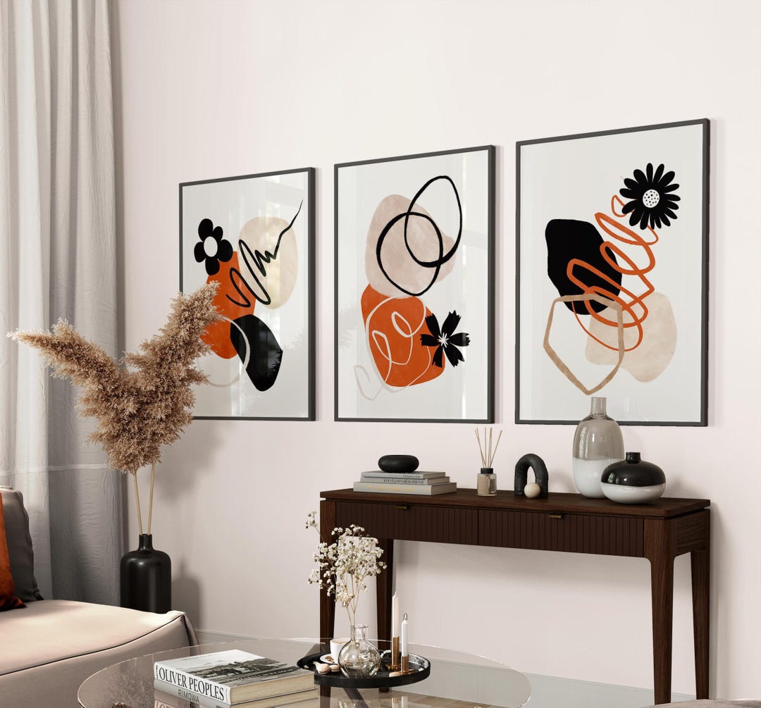 Boho Floral Line Art Prints, Burnt Orange, Black, Beige, Set of 3 - Etsy