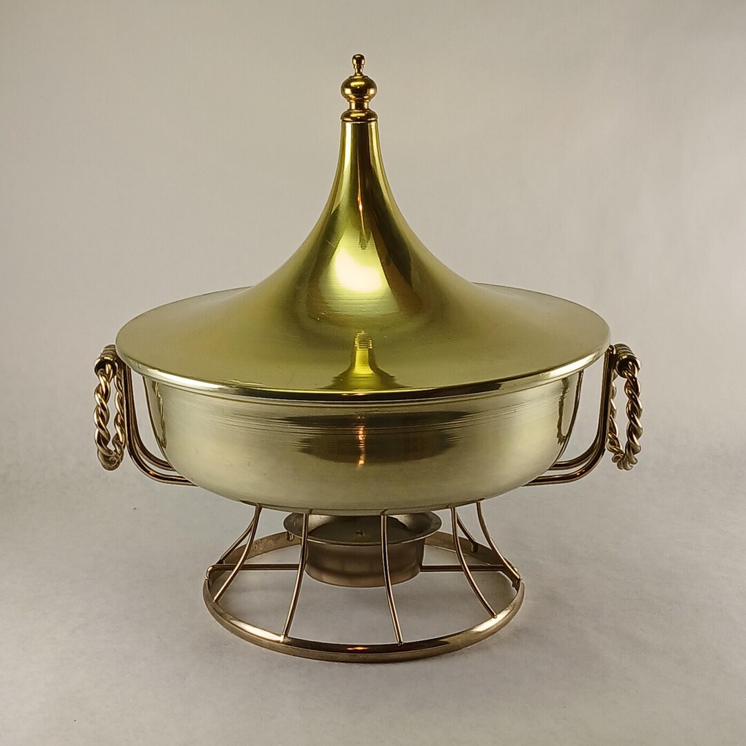 PYREX Chafing Dish 595 Set Gold Tone Aluminum Genie Lamp Lid Metal Base ...