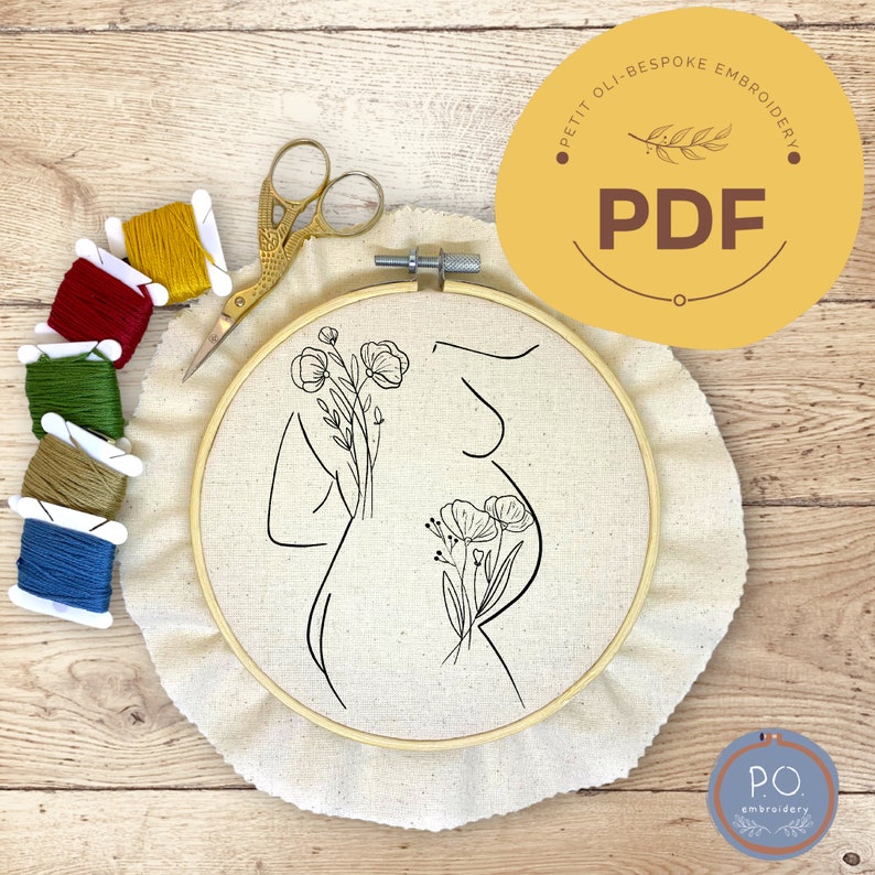 Pregnant Woman Embroidery Pattern, Floral Baby Bump Design (PDF Pattern ...