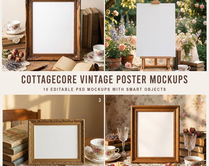 Cottagecore Vintage Poster Mockups | Floral Poster Mockup Bundle | 10 ...