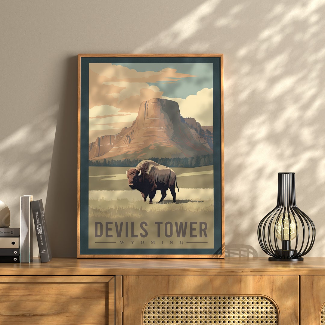 Devils Tower National Monument Poster, Wyoming Travel Art, Bison Wall ...