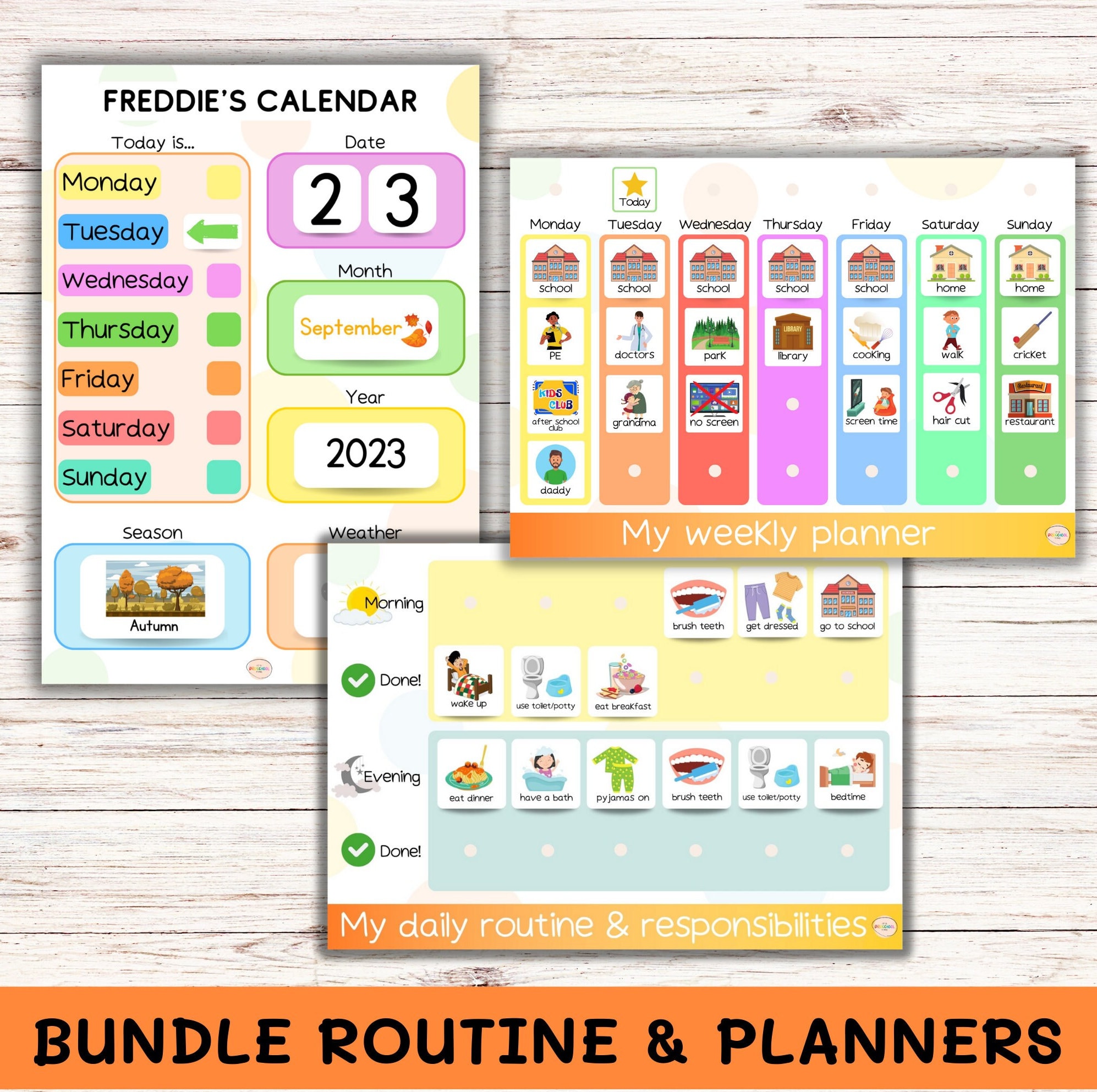 SAVE WITH BUNDLE Routine Chart & Calendar for Kids // Weekly Planner ...