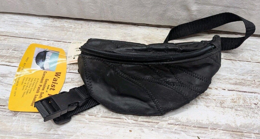 Vintage Fanny Pack Leather Patch Work Zipper Pouches Black Waist Hiking ...