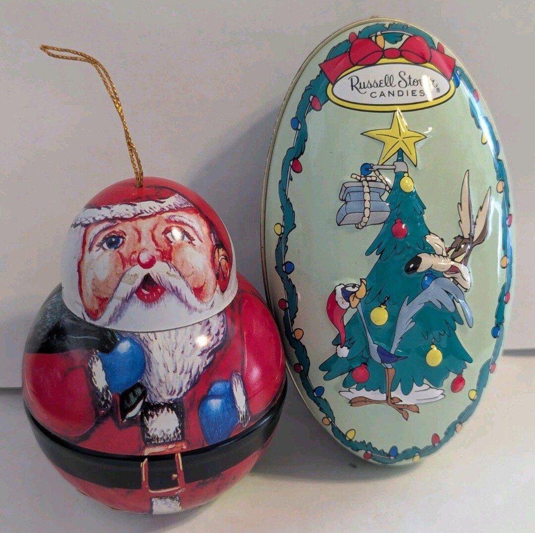Vintage Roly Poly Santa Claus Tin 90s Christmas Ornaments Set of 2 Road ...