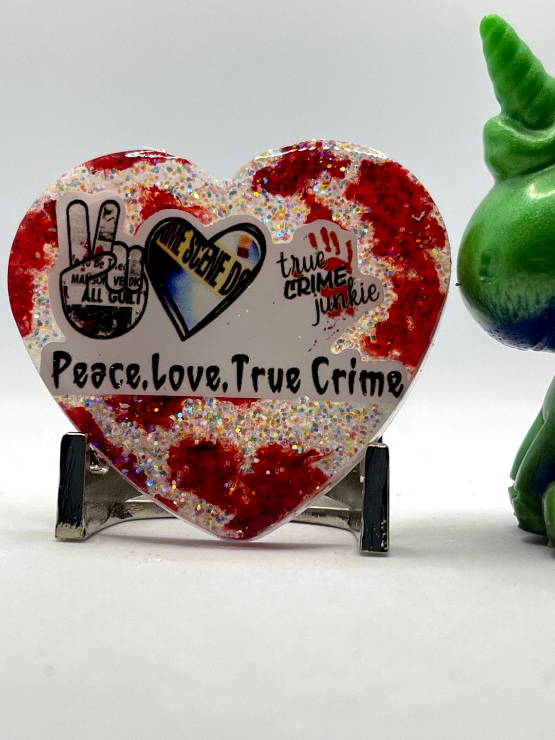 Peace, Love, True Crime ID Badge Reel, Phone Back, Brooch Pin Style or ...