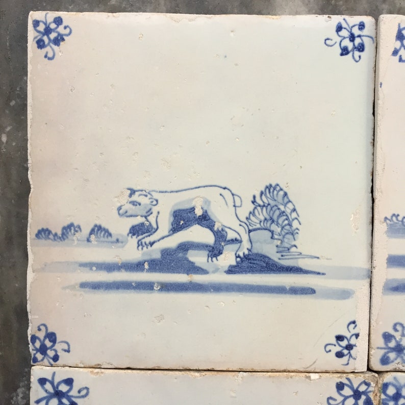A Rare Set of 6 Antique Dutch Delft Tiles With Animals - Etsy