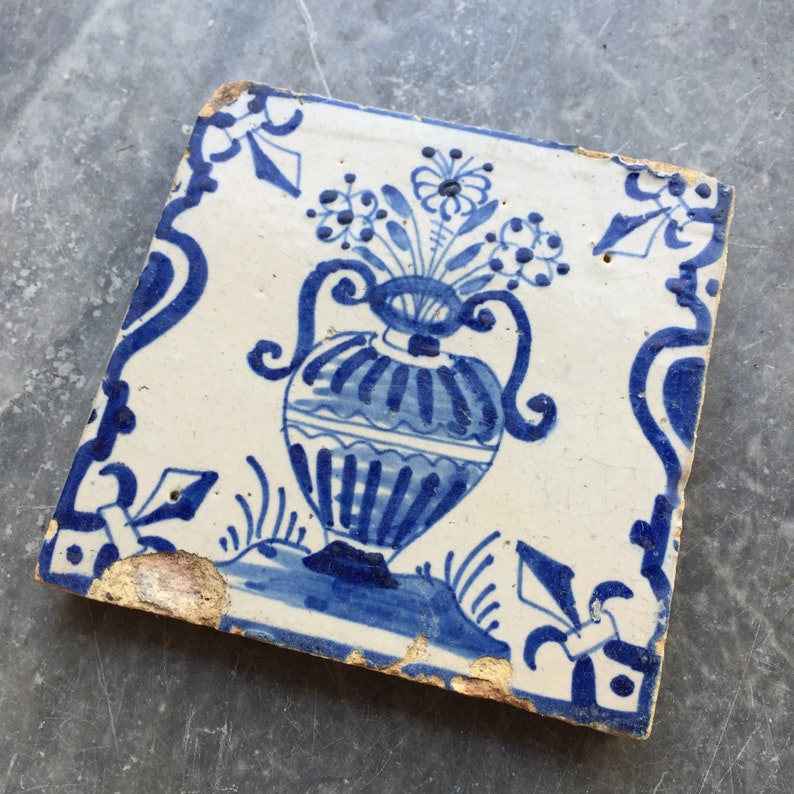 Antique Dutch Delft Tile With Flower Vase - Etsy