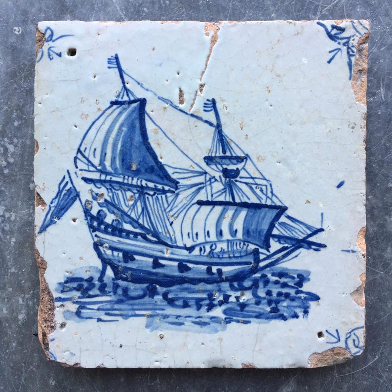 Antique 17th Century Dutch Delft Tile With Three Master Merchant Ship ...