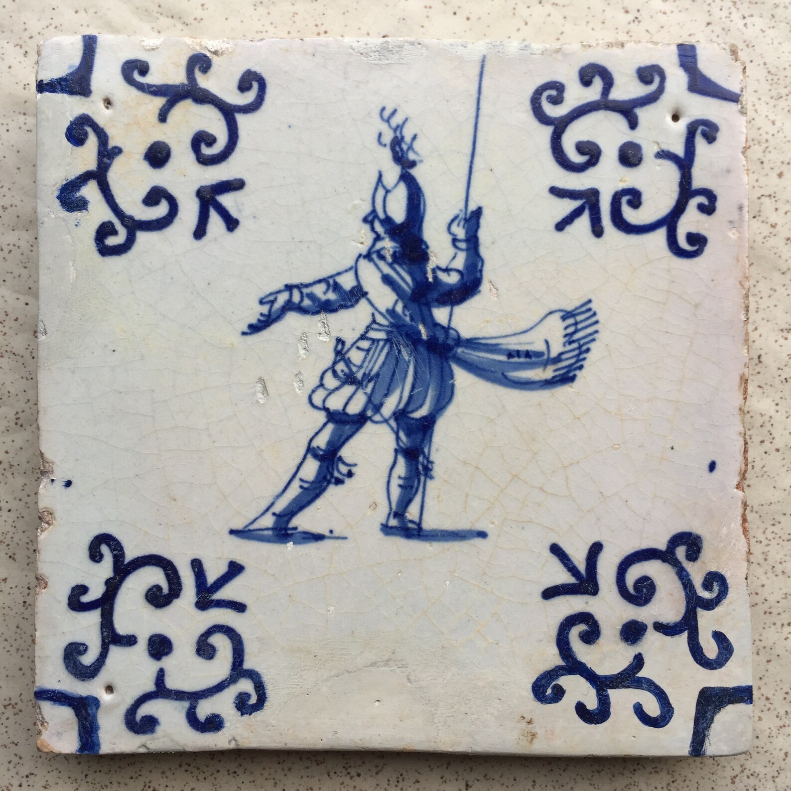 Antique 17th Century Blue and White Dutch Delft Tile With a Flamboyant ...
