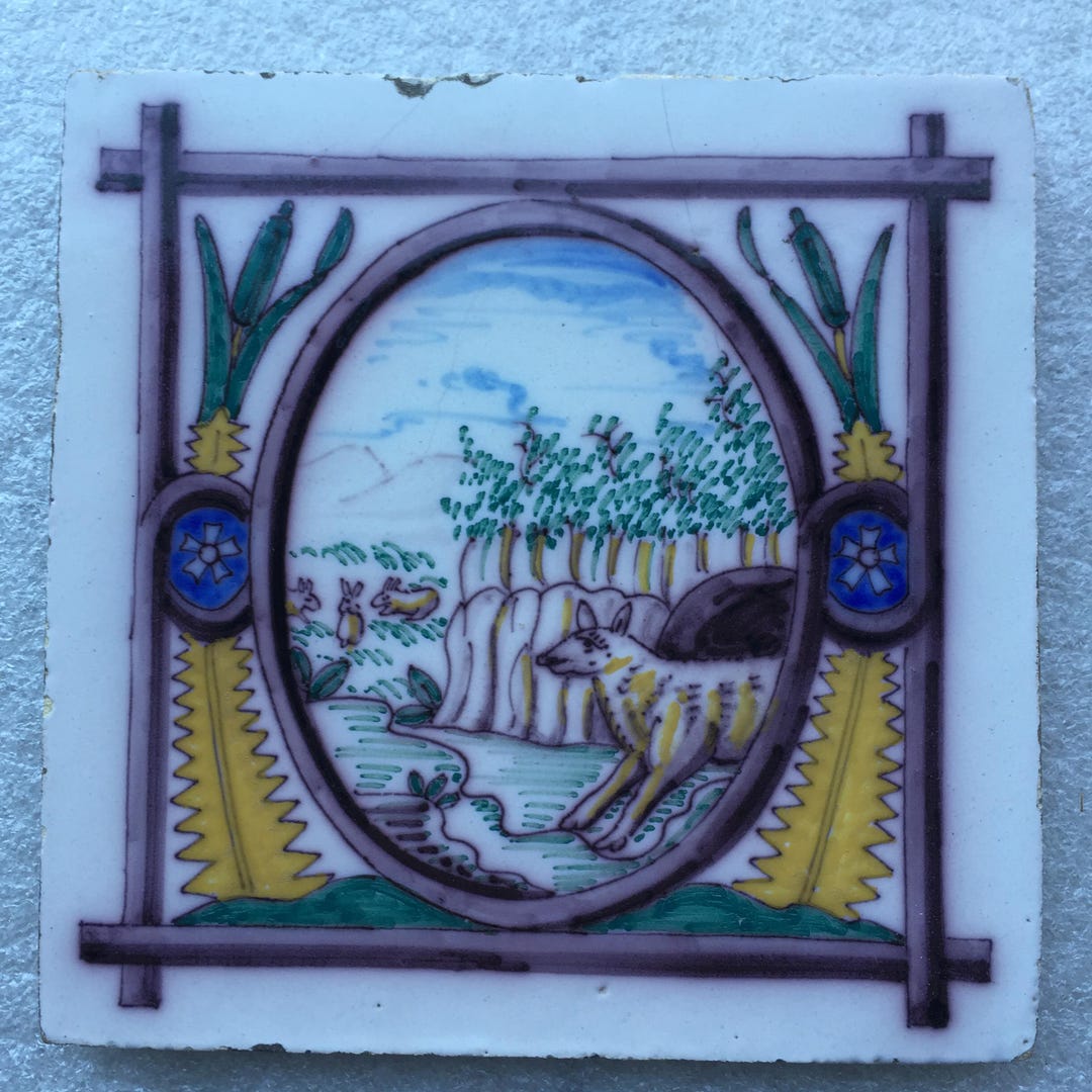 Antique 19th Century Dutch Delft Landscape Tile With Wolf Looking at ...