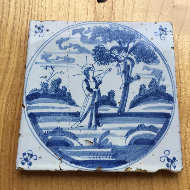 Antique 18th Century Dutch Delft Tile With Biblical Scene Zacchaeus in ...