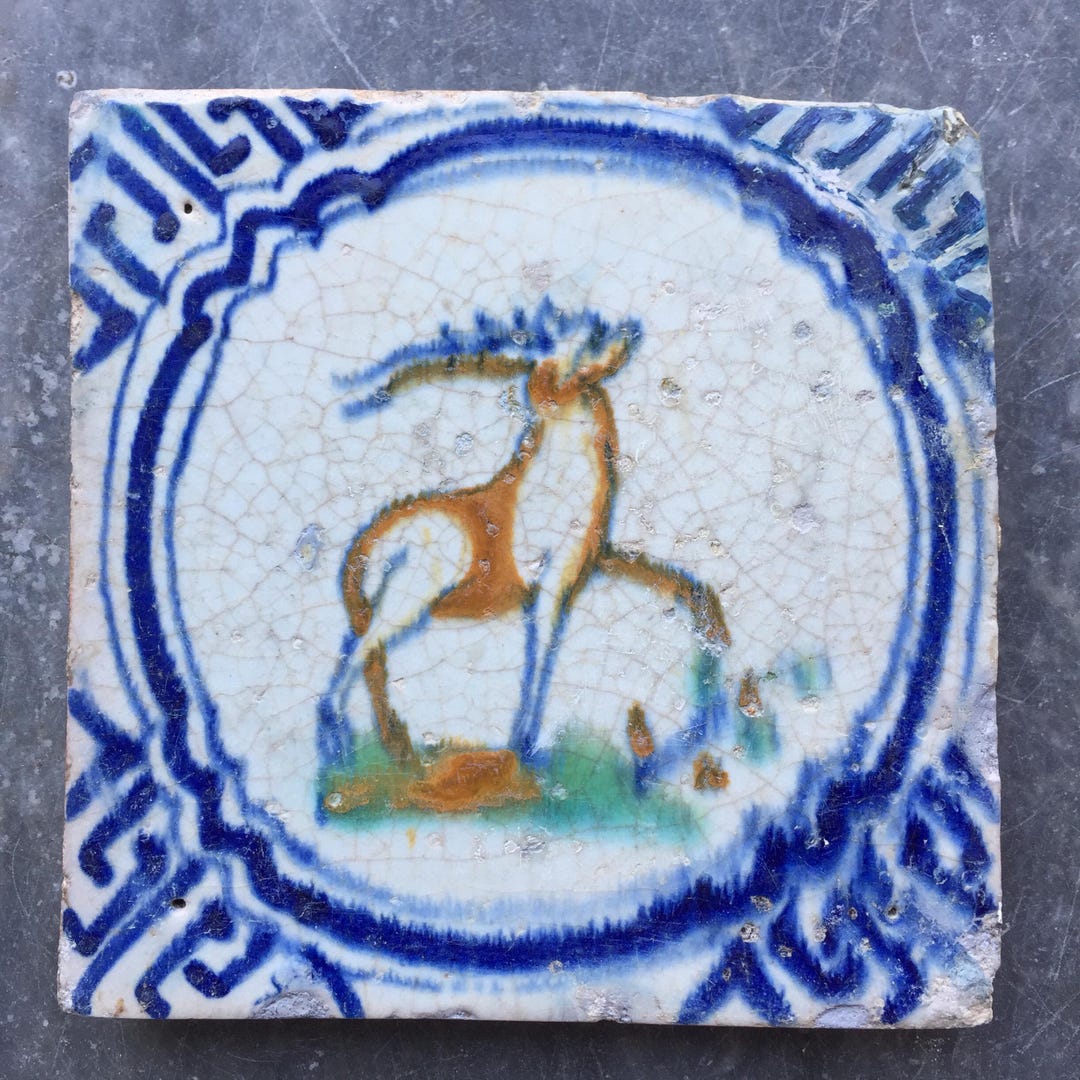 Antique Dutch Delft Tile With Stag in Wanli Frame - Etsy