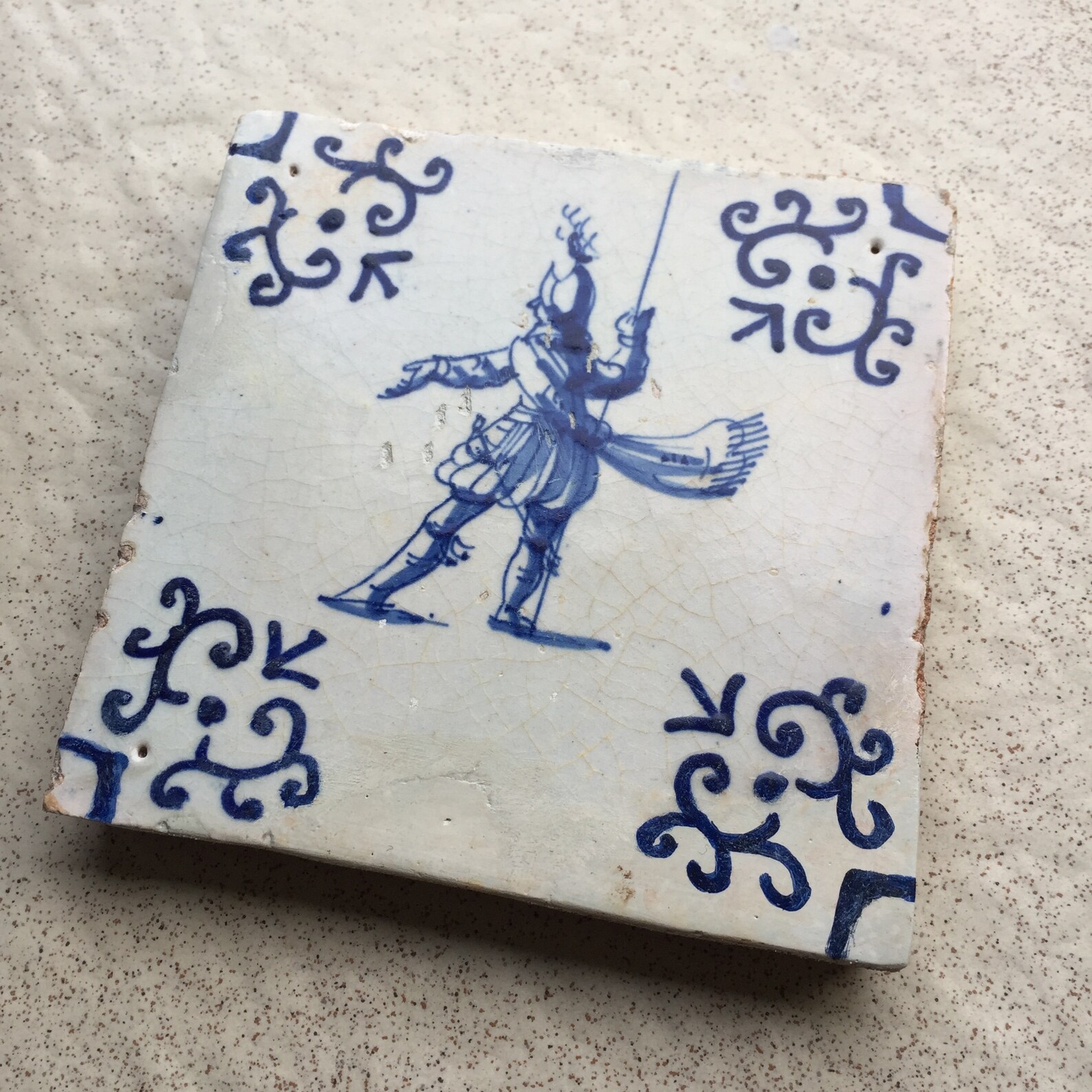 Antique 17th Century Blue and White Dutch Delft Tile With a Flamboyant ...