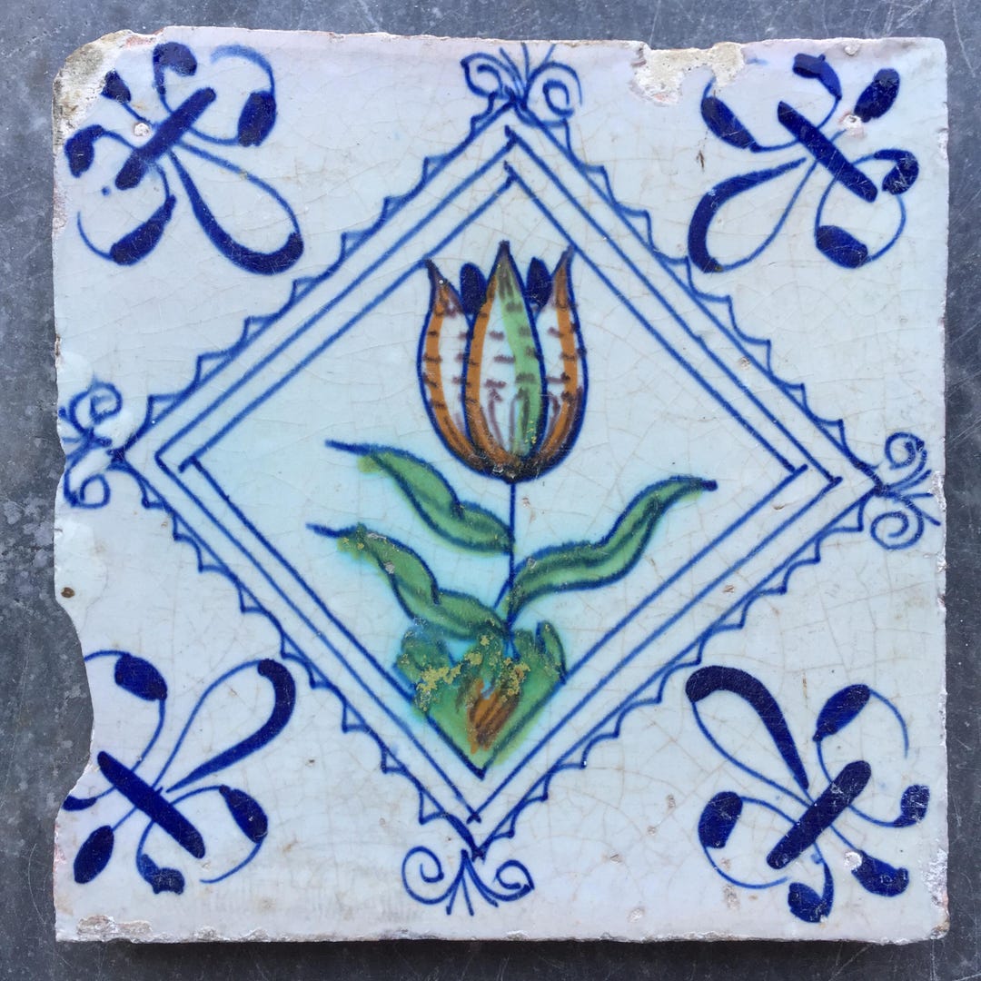 Antique Dutch Delft Tile With a Tulip - Etsy