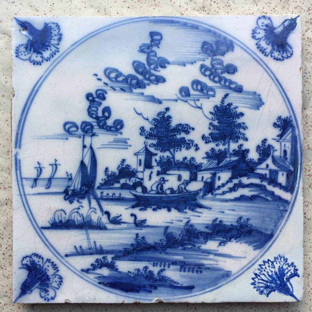 Antique 18th Century Dutch Delft Tile With River Scene Landscape - Etsy