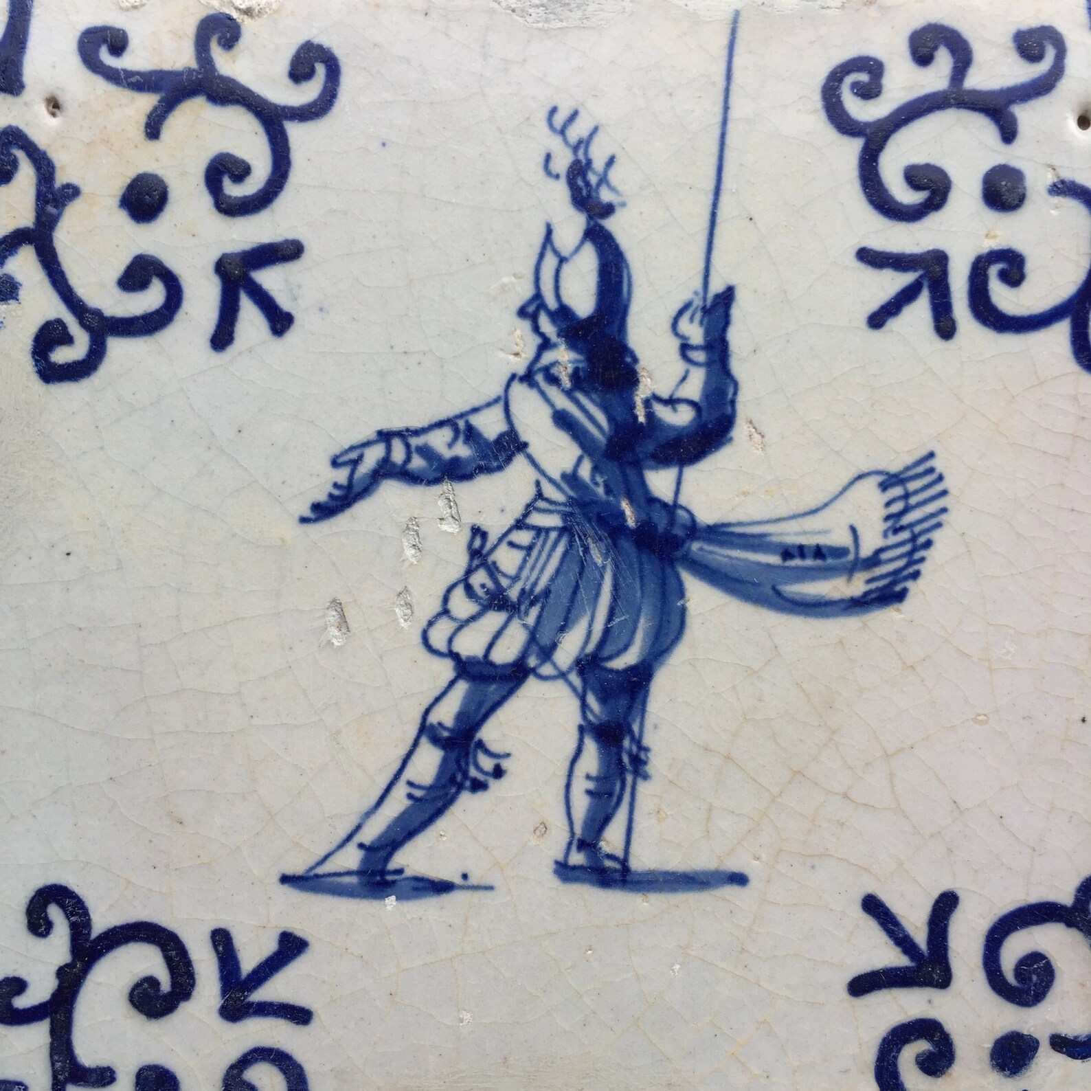 Antique 17th Century Blue and White Dutch Delft Tile With a Flamboyant ...