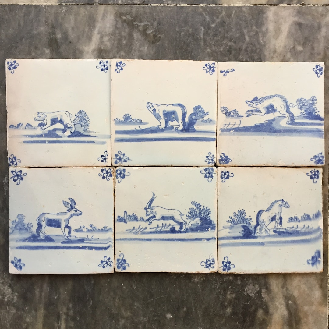 A Rare Set of 6 Antique Dutch Delft Tiles With Animals - Etsy