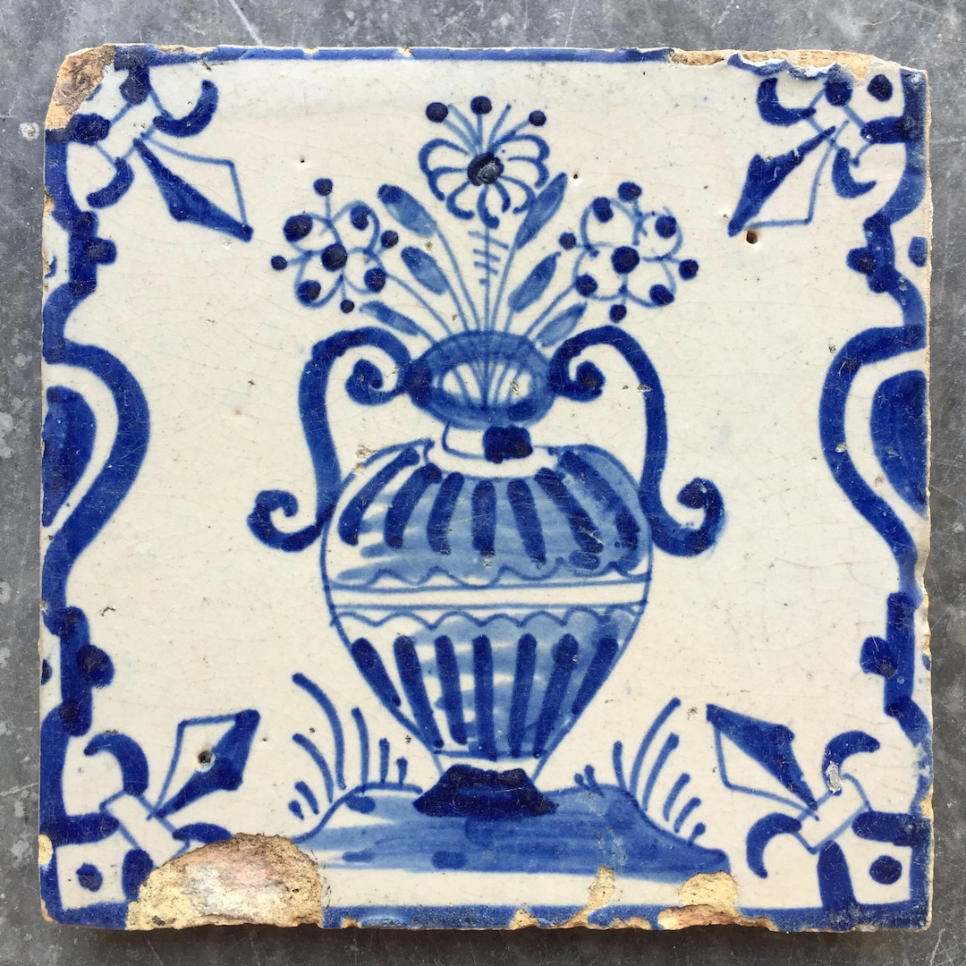 Antique Dutch Delft Tile With Flower Vase - Etsy
