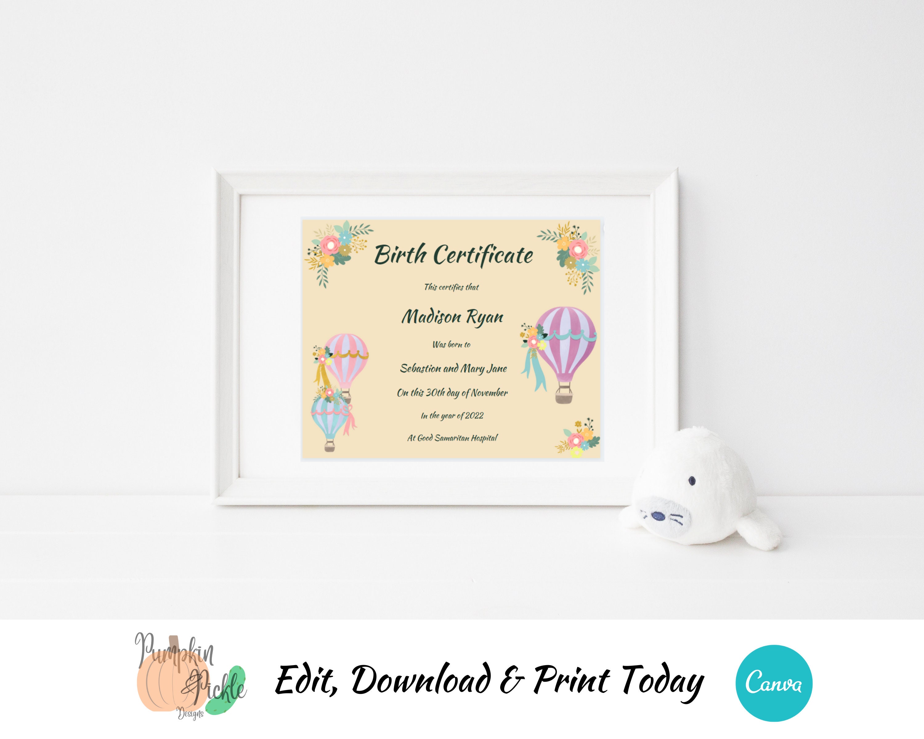 Hot Air Balloon Birth Certificate Keepsake Printable | Editable in ...