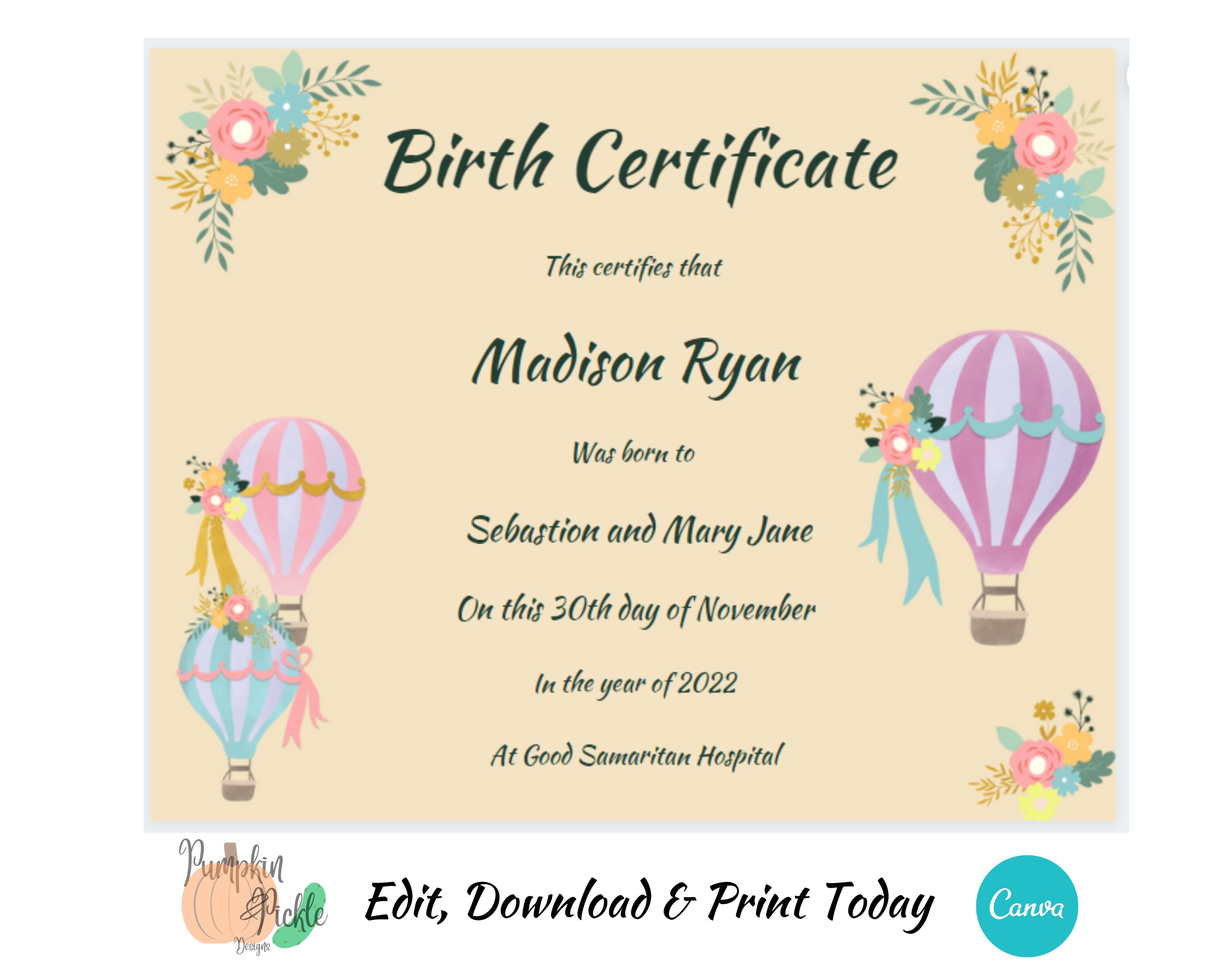 Hot Air Balloon Birth Certificate Keepsake Printable | Editable in ...