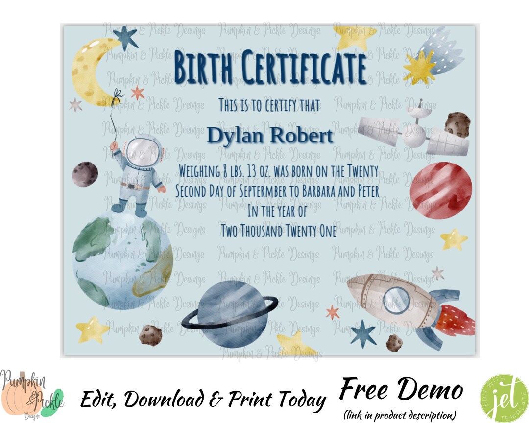 Space Astronaut Birth Certificate | Gender Neutral Birth Certificate ...