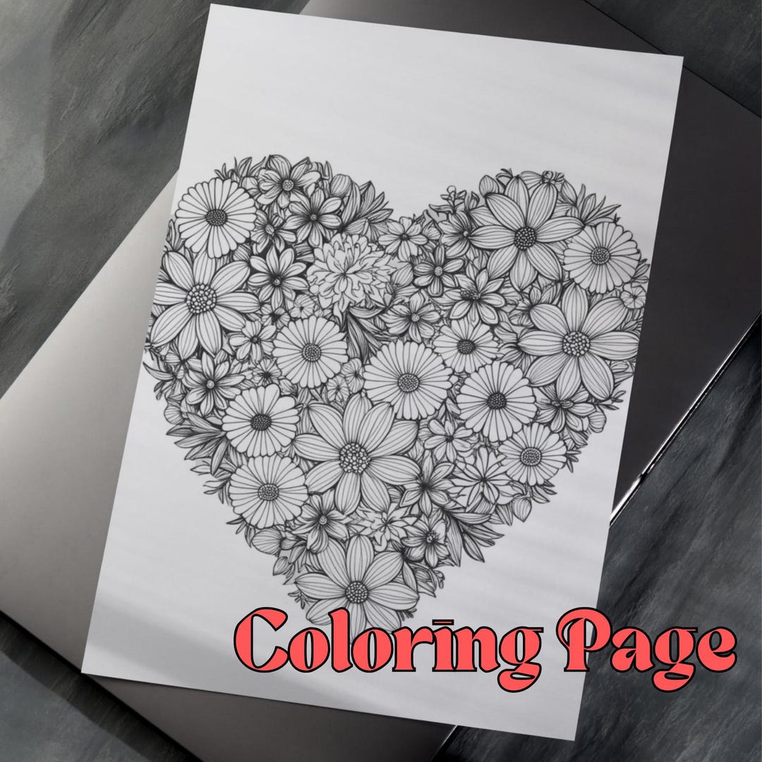 Flower Heart Coloring Page, Adult Coloring, Relaxing Cozy Coloring ...