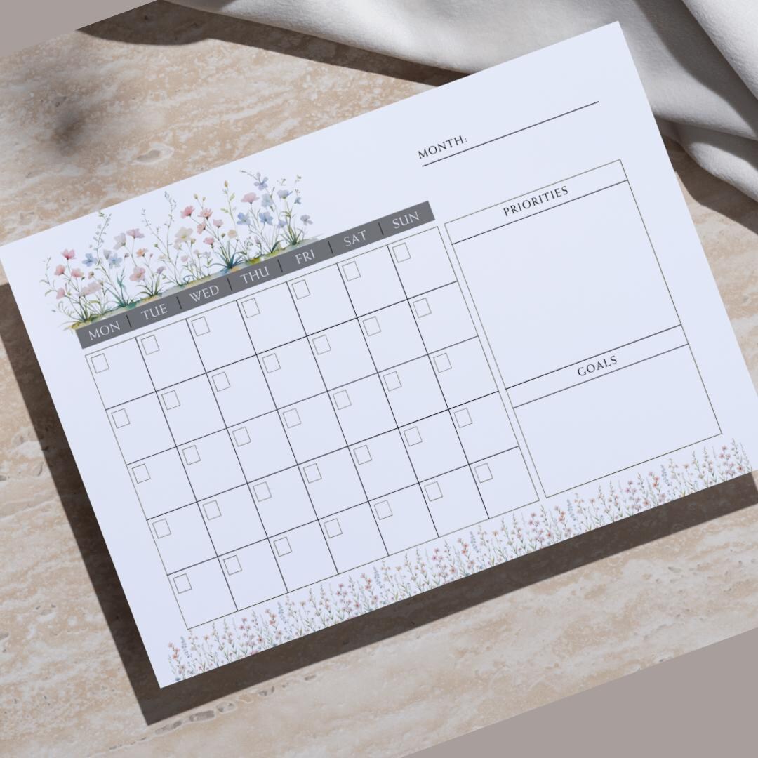 Wildflower Monthly Calendar Printable | Undated Calendar Digital ...