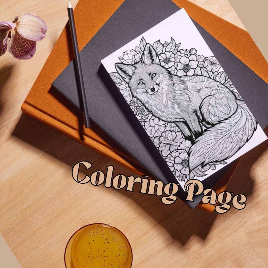 Wild Fox Coloring Page, Adult Coloring, Relaxing Cozy Coloring, Floral ...