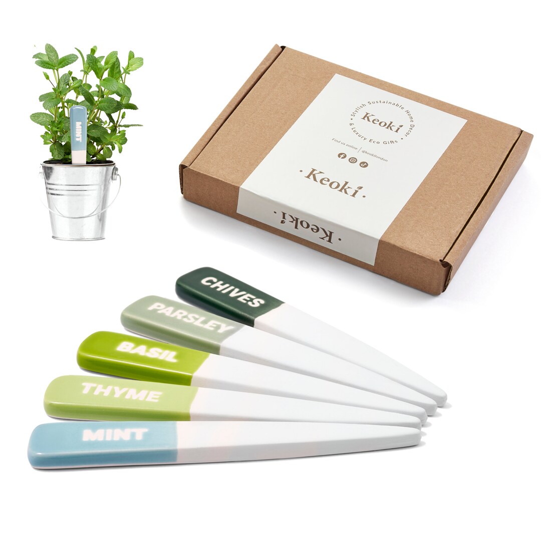 Ceramic Herb Markers Set of 5 - Garden Stakes, Plant Labels, Gardener ...