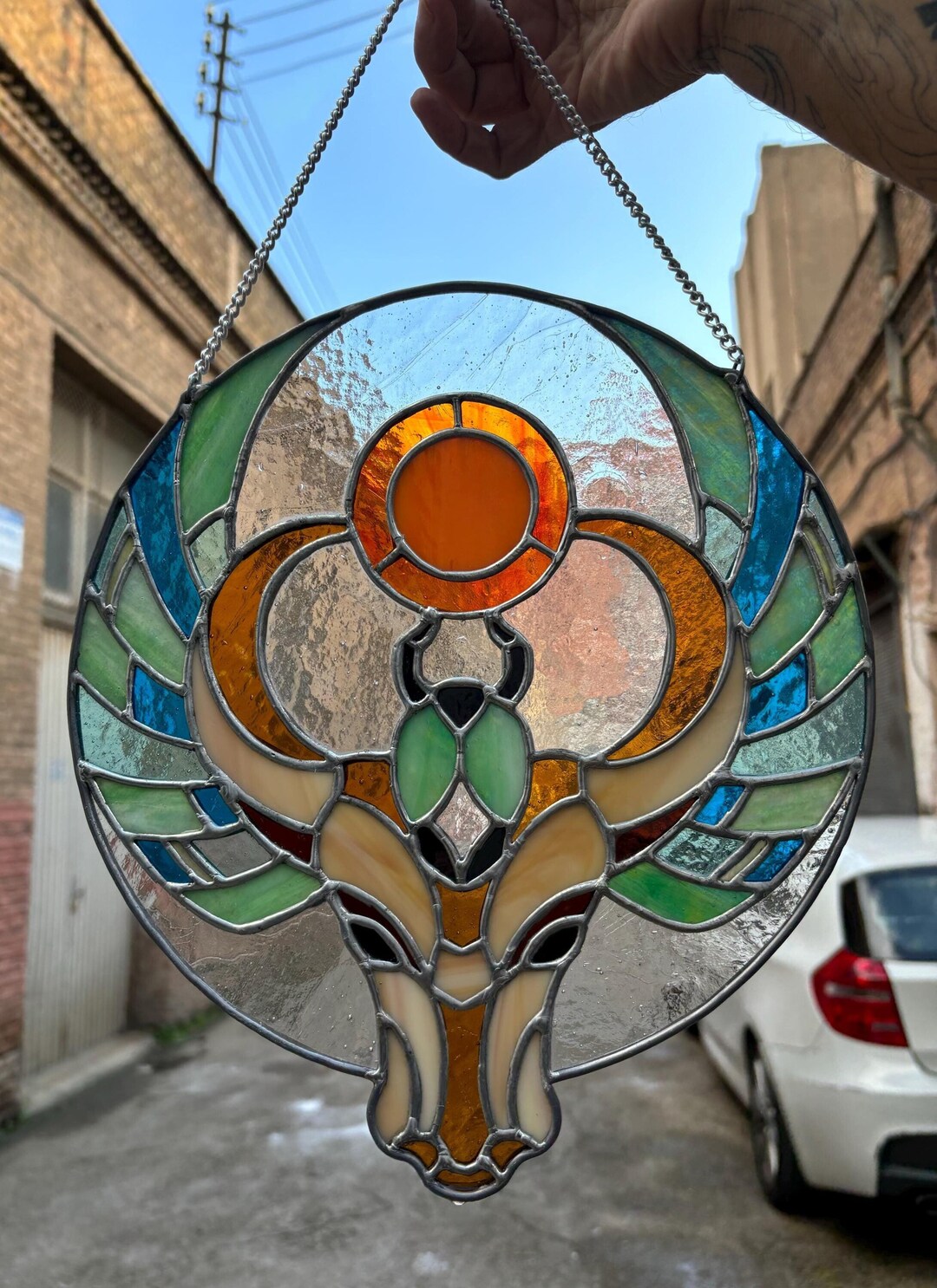 Bull Suncatcher, Bull and Egyptian Beetle, Stained Glass Art, Egyptian ...
