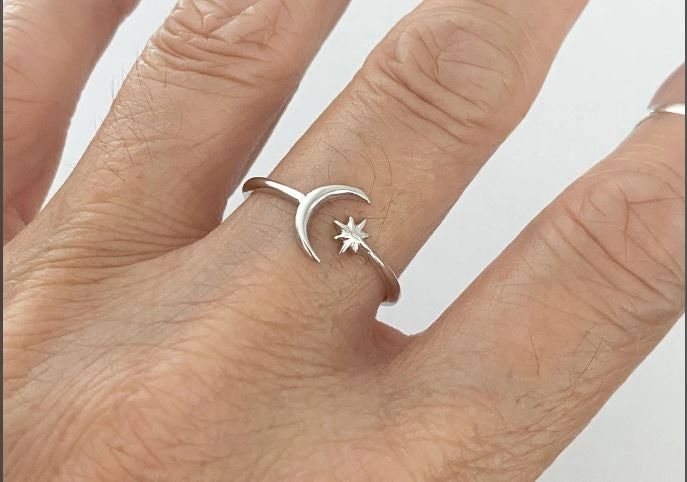 Delicate Crescent Moon and Twinkle Star Ring, Dainty Ring, Thin Silver Ring, Minimalist Ring ...