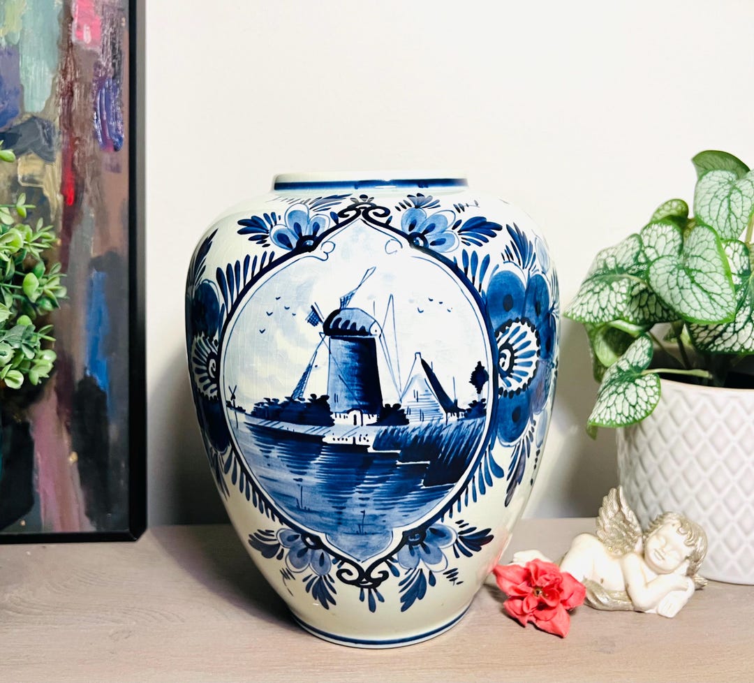 Rare Large Delft Blue Vase, Hand-painted Flowers, Wind Mills | Vintage ...