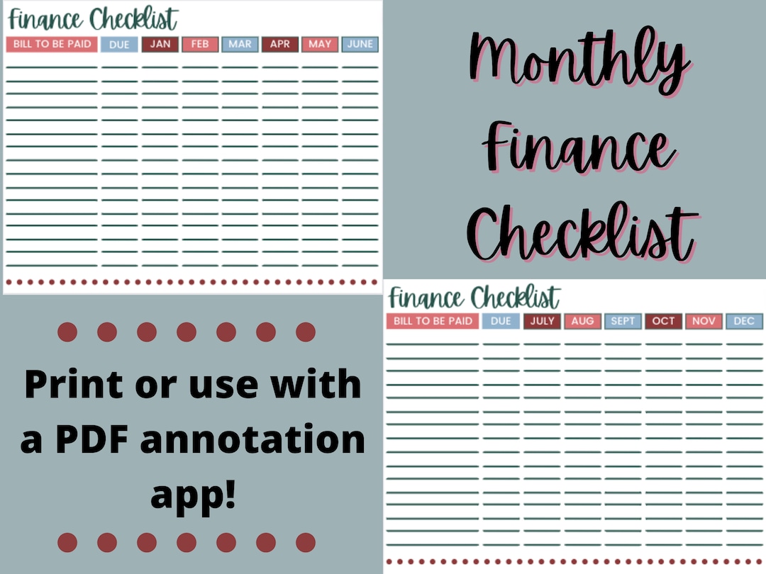 Year Long Finance Checklist, Monthly Budget Tracker, Bill Payment, - Etsy