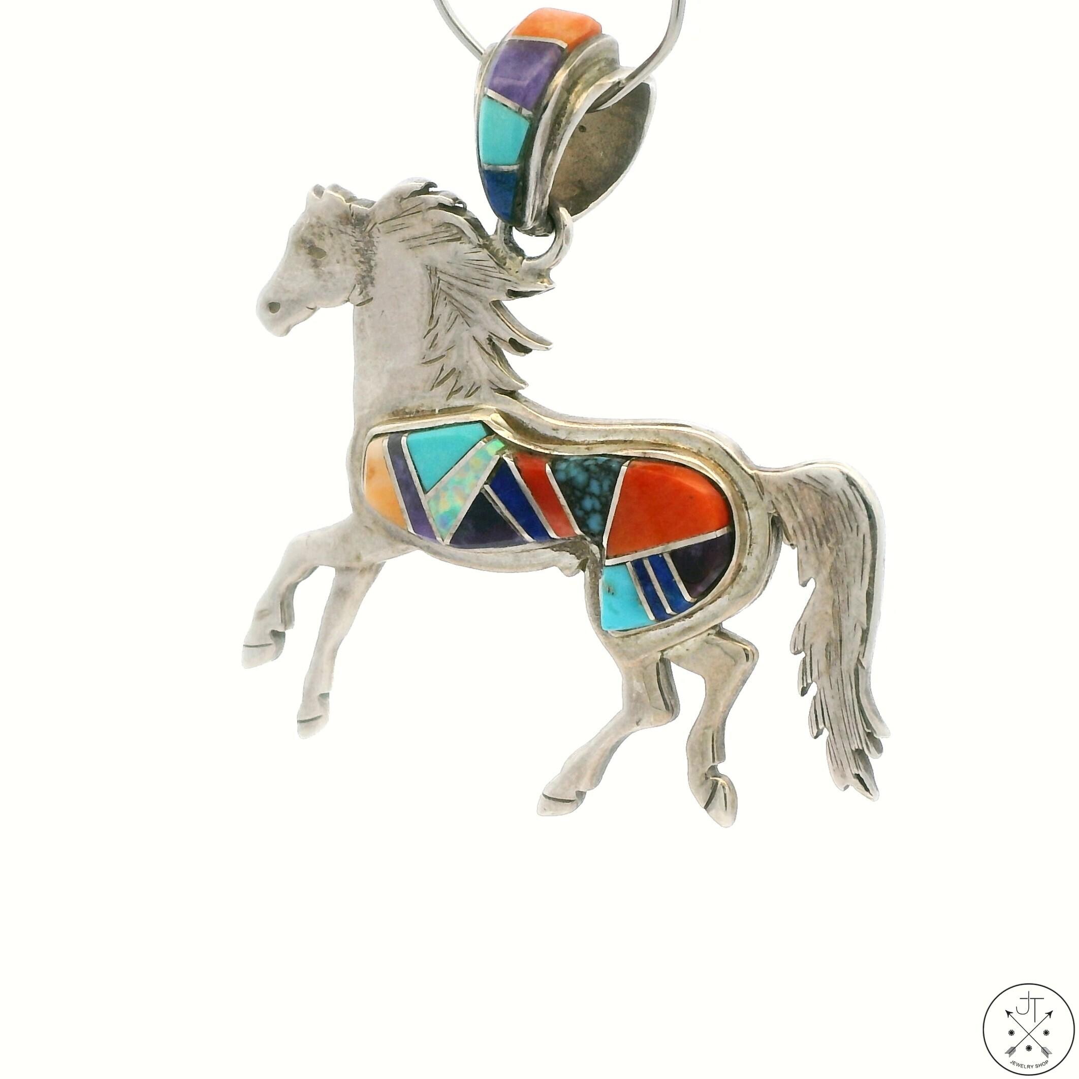 Vintage Navajo Sterling Silver Horse Pendant Turquoise Sugilite Oyster ...