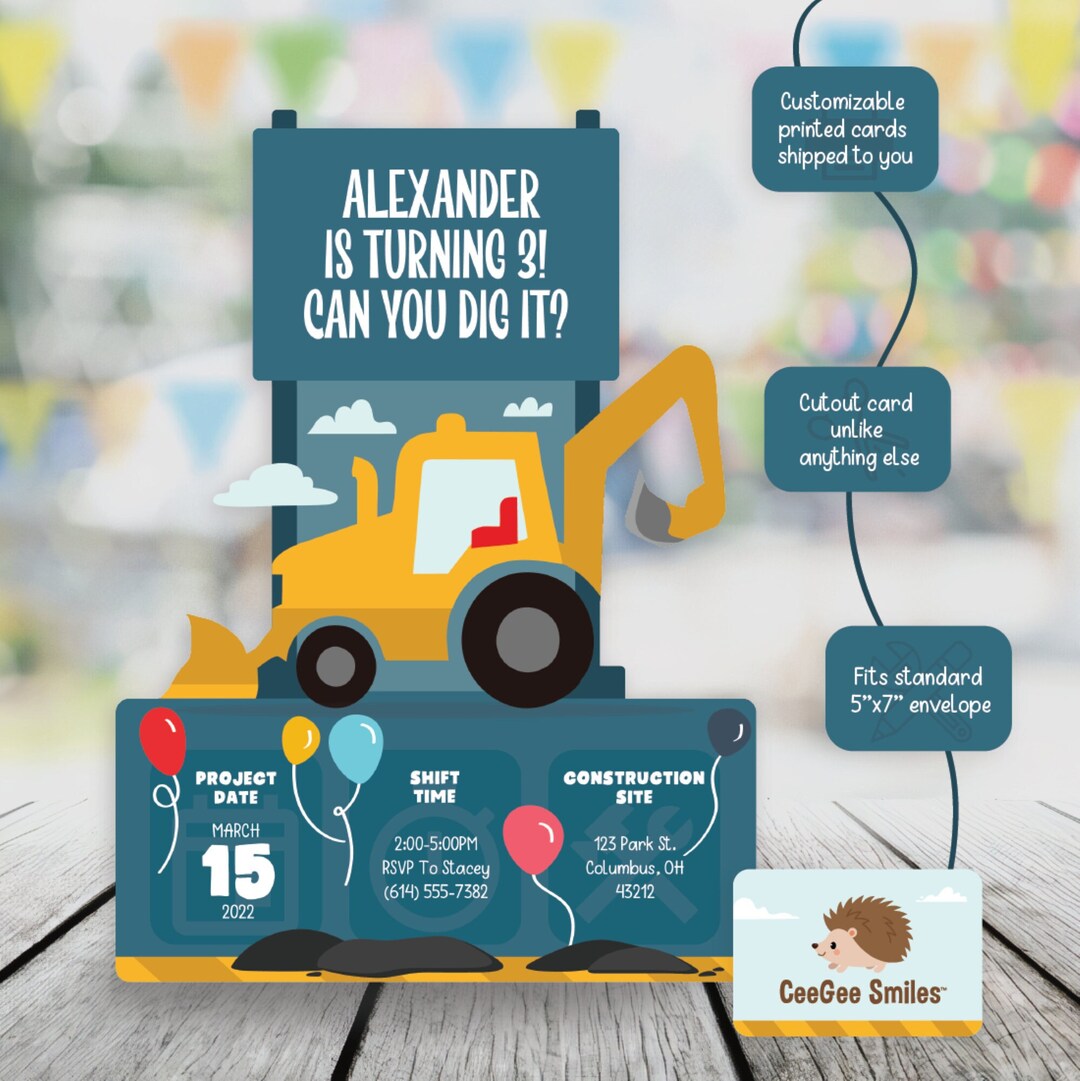 Backhoe Toddler Birthday Invitations W/ Printed Cutout 1st - Etsy