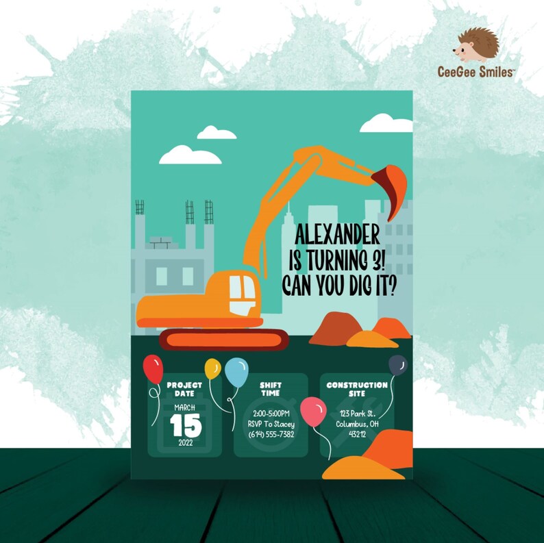 Printable Toddler Excavator Birthday Invitation Custom Digital Invite W ...