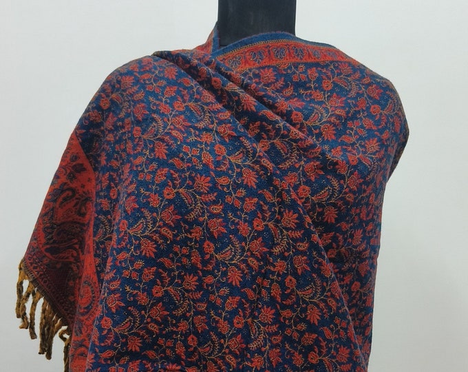 Unisex Yak Wool Blend Shawl in Deep Blue & Orange Paisley Floral ...