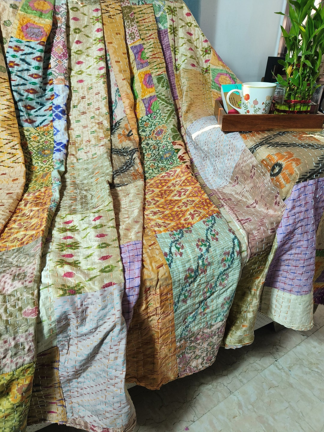 Patola Silk Patchwork Kantha Quilt Bed Cover in Beige | Kantha Quilt ...